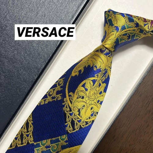 GIANNI VERSACE Neck Tie 100%Silk Jacquard Blue/Gold Baroque Pattern ...