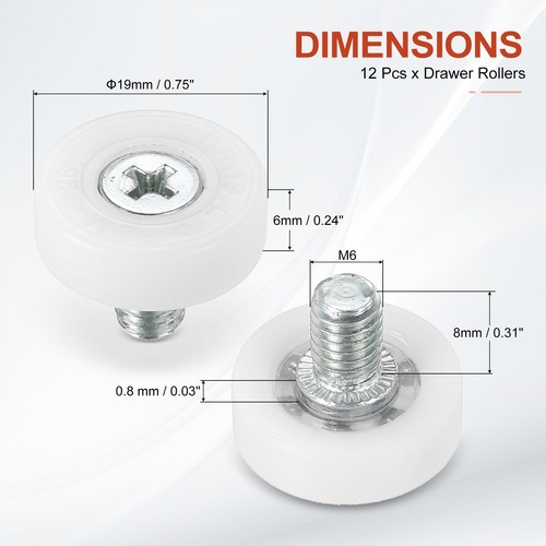 Pack of 12 Drawer Rollers Nylon Cabinet Drawer 19mm Pulley Replacement ...