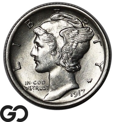 1917 Mercury Dime, Full Split Bands, Solid Gem Brilliant Uncirculated++ ...