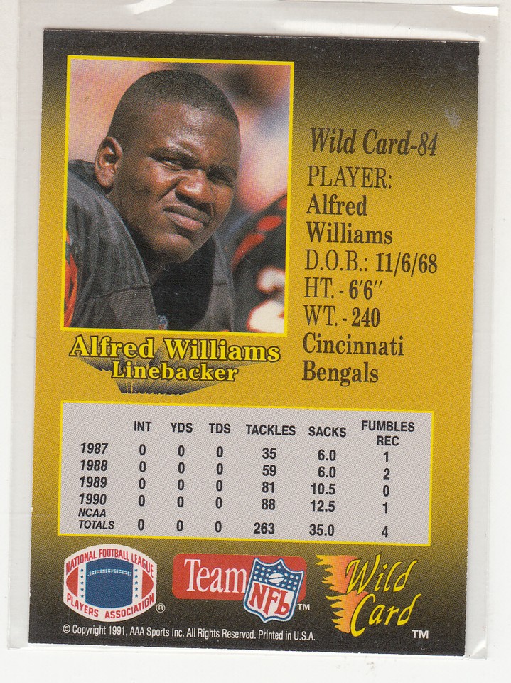 ALFRED WILLIAMS 1991 Wild Card NFL 84 Parallel 20 Stripe Cincinnati ...