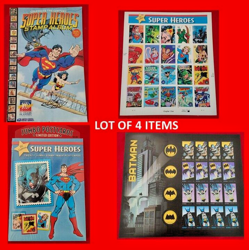 DC COMICS LOT OF 4 SETS USPS STAMPS POSTCARDS STAMP ALBUMS BATMAN ...