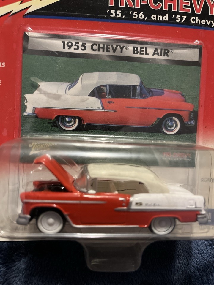 Johnny Lightning 1:64 1955 Chevy Bel Air White Lightning Tri-Chevy MOC ...