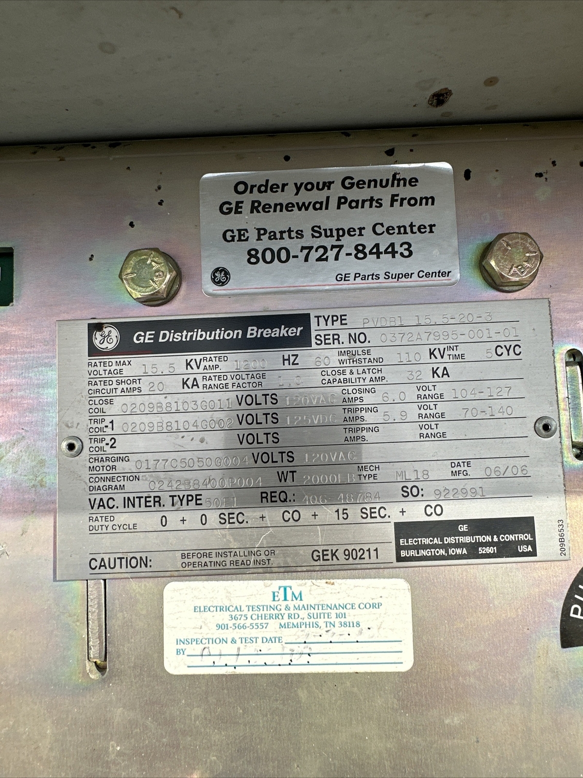 GE Power/Vac 1200A PVDB1 15.5-20-3 15.5 kV Distribution Breaker General ...