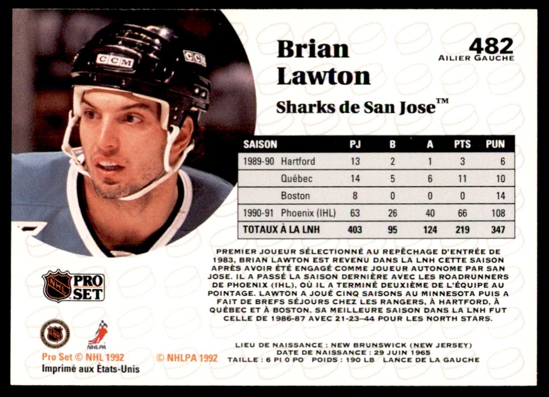 1991-92 Pro Set French Brian Lawton San Jose Sharks #482 | eBay