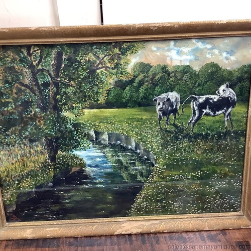 Antique Watercolor Painting Pasture Cows Meandering Stream Buttercup ...