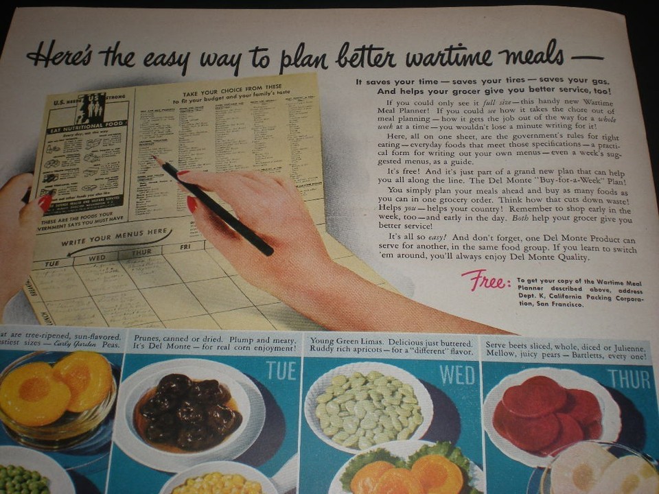 1942 Del Monte Foods Wartime Meals Menu WWII can food vintage Print Ad ...