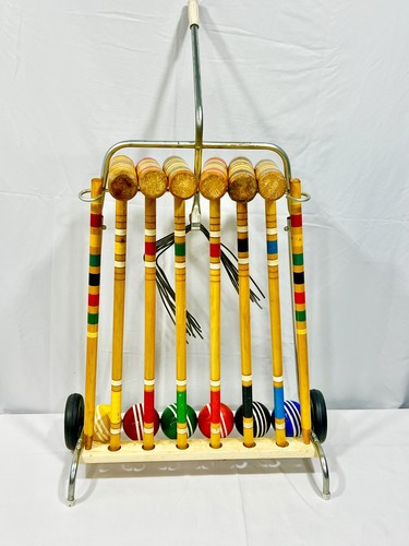 Vintage Wood Croquet Set on Wheeled Caddy Stand w Handle- 6 Player Mid ...