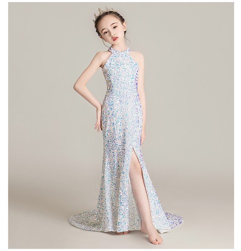 Halter Sequined Sweep Train Princess Fitted Slit Dress Pageant Party ...