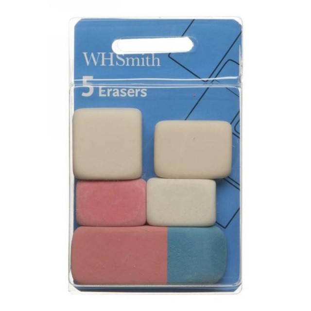 WHSmith Erasers Various Shapes And Colours 3 White 2 Pink & Blue Pack ...