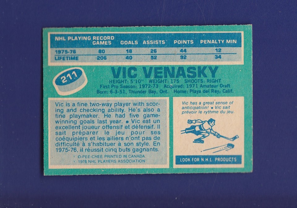 Vic Venasky 1976-77 O-PEE-CHEE OPC Hockey #211 (EXMT) Los Angeles Kings ...