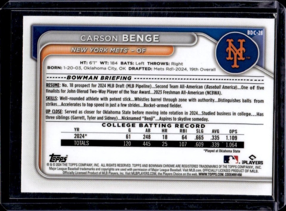 2024 Bowman Draft Carson Benge Chrome Aqua Wave Refractor 1st #47/125 ...