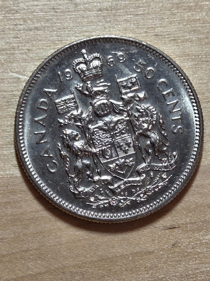 Canada 50-cents coin, 1969. KM# 75.1, nickel. Royal Coat of Arms ...