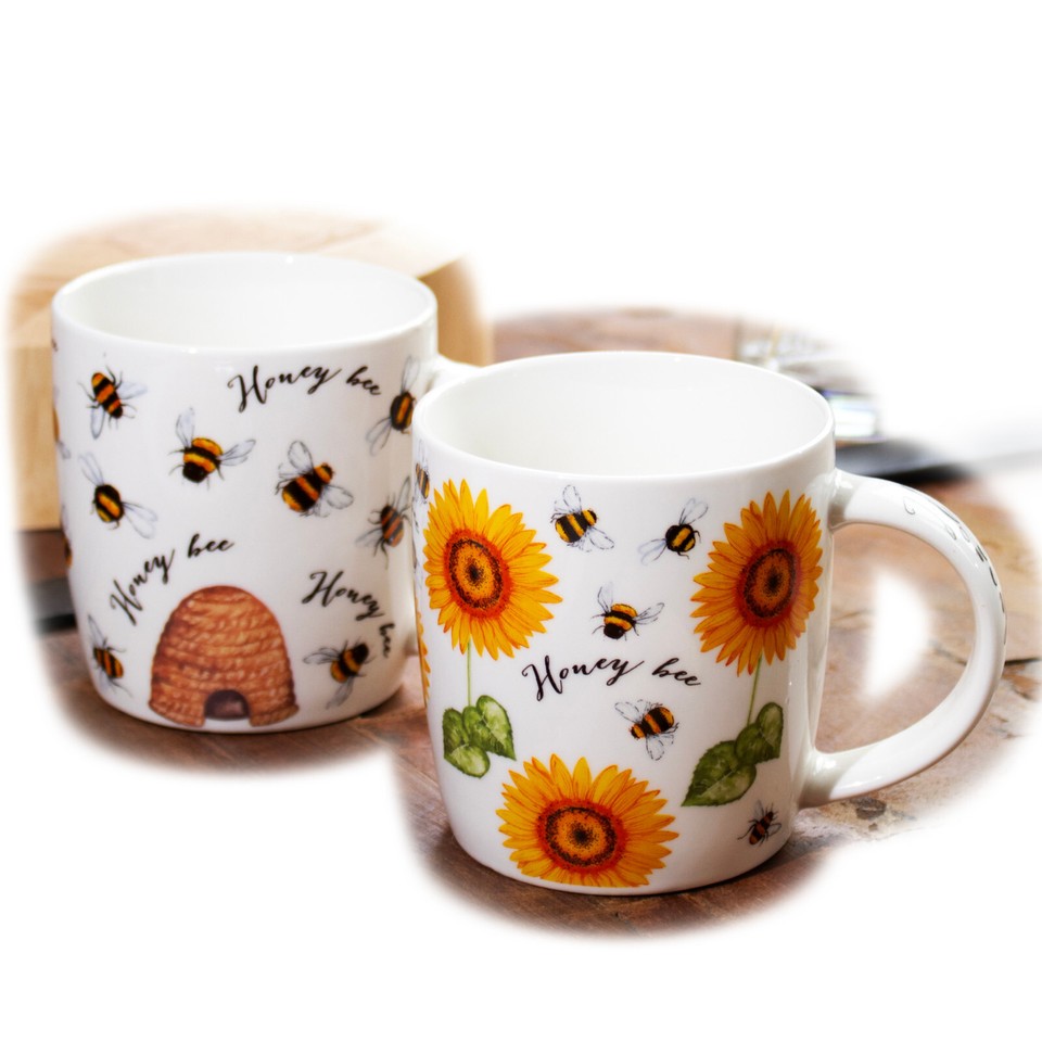 Set Of 4 Honey Bee Mugs Fine China 350ml Sunflower Bumblebee Hive ...