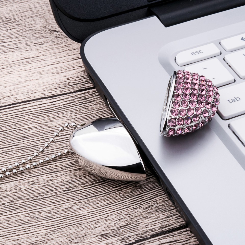 Love Crystal Heart Necklace 32GB 64GB USB 2.0 Flash Drives Memory Stick ...
