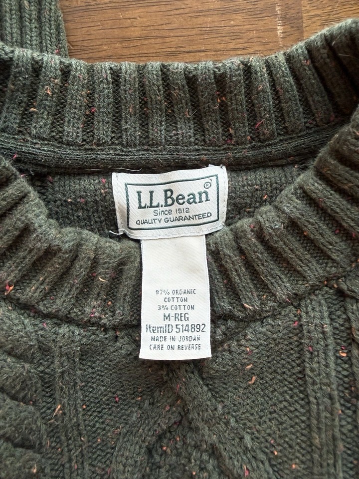 L.L. Bean Men's Irish Wool Cable Knit Green Fisherman Sweater Size ...
