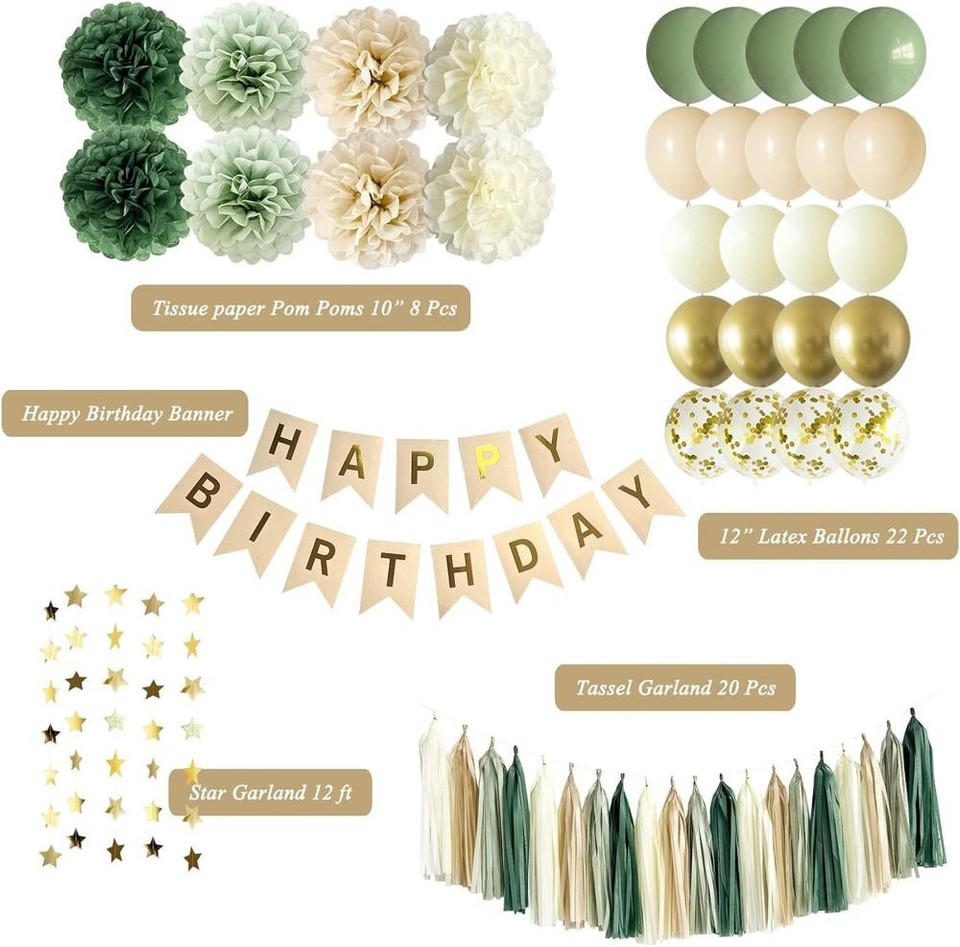 Sage Green Happy Birthday Party Decorations Retro Green Nude Ivory Dark ...