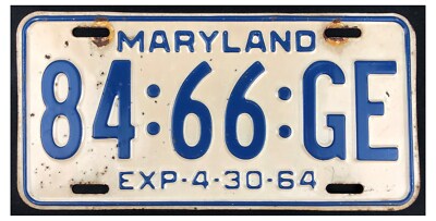 Maryland 1964 TRAILER License Plate 84-66-GE! | eBay