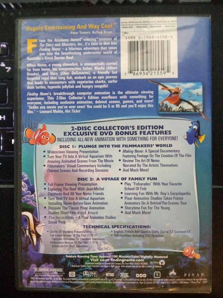 Finding Nemo (DVD, 2003, 2-Disc Collectors Edition Bonus Material ...