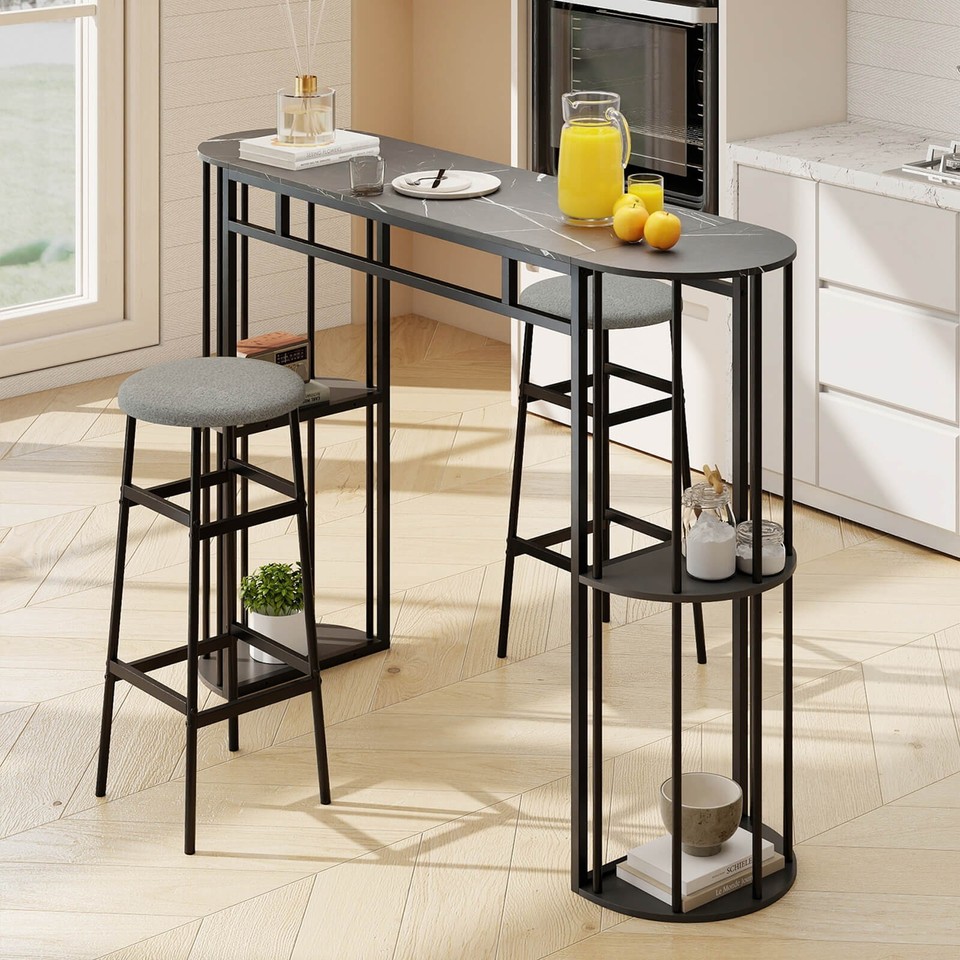 60” Long Bar Table, Narrow Pub Table w/Faux Marble Tabletop & Storage ...