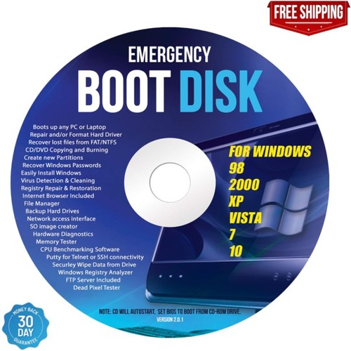 Windows Emergency Boot Disk - For Windows 98, 2000, XP, Vista, 7, 10 PC ...