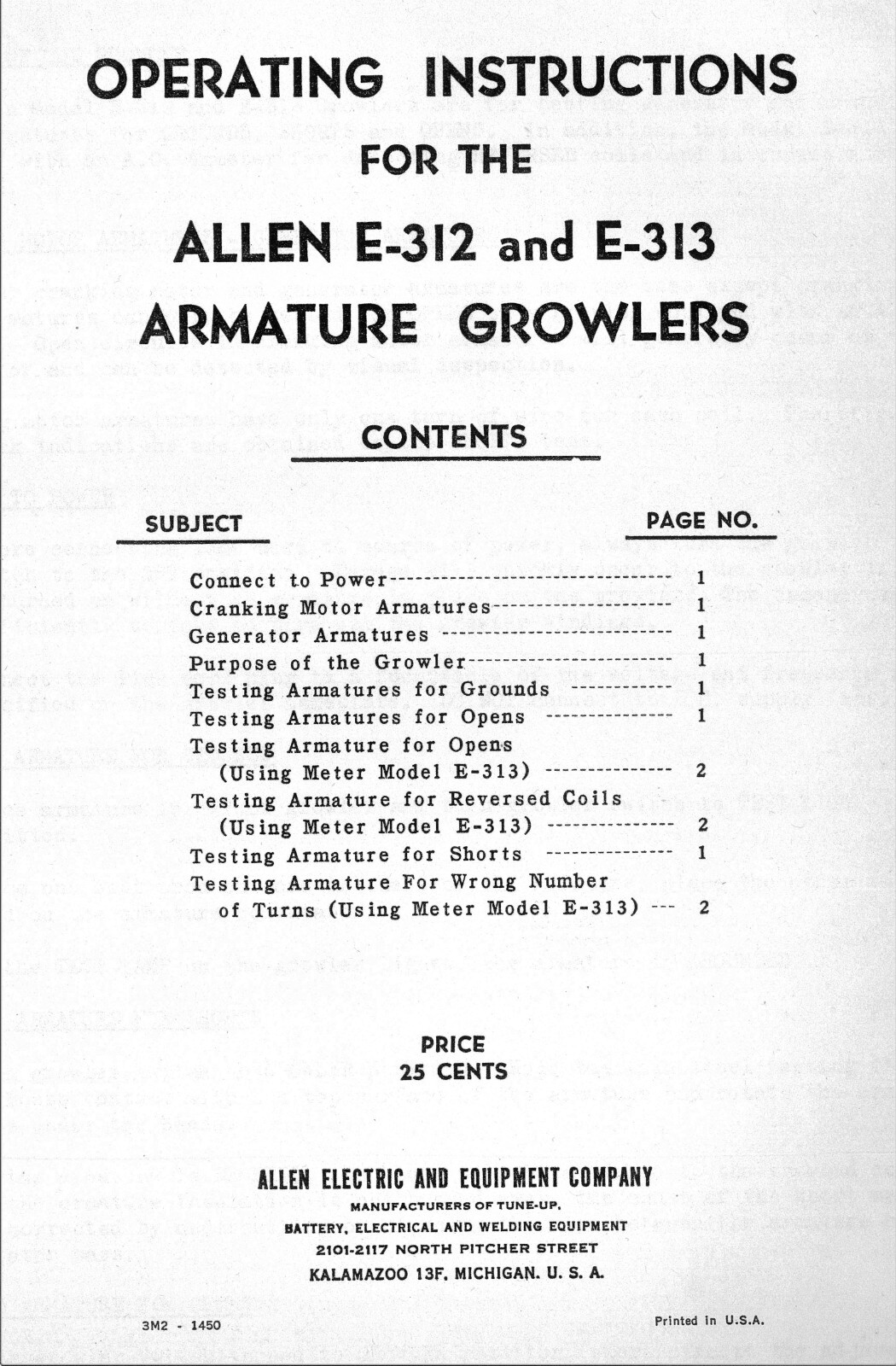 Allen Electric Co Armature Growler Owner's Manual Models E-312 E-313 | eBay
