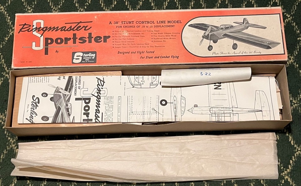 VIntage Sterling Ringmaster Sportster C/L (or R/C) Model Airplane Kit S ...