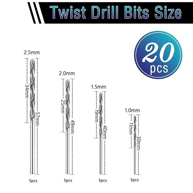 Diamond Drill Bit Set 20 Pieces 4 Sizes 1mm 1.5mm 2mm 2.5mm Twist Tip ...