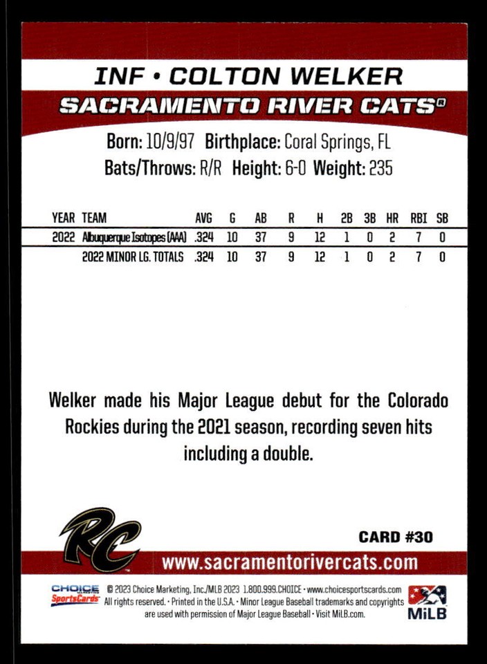Colton Welker 2023 Choice SACRAMENTO RIVER CATS #30 SACRAMENTO RIVER ...