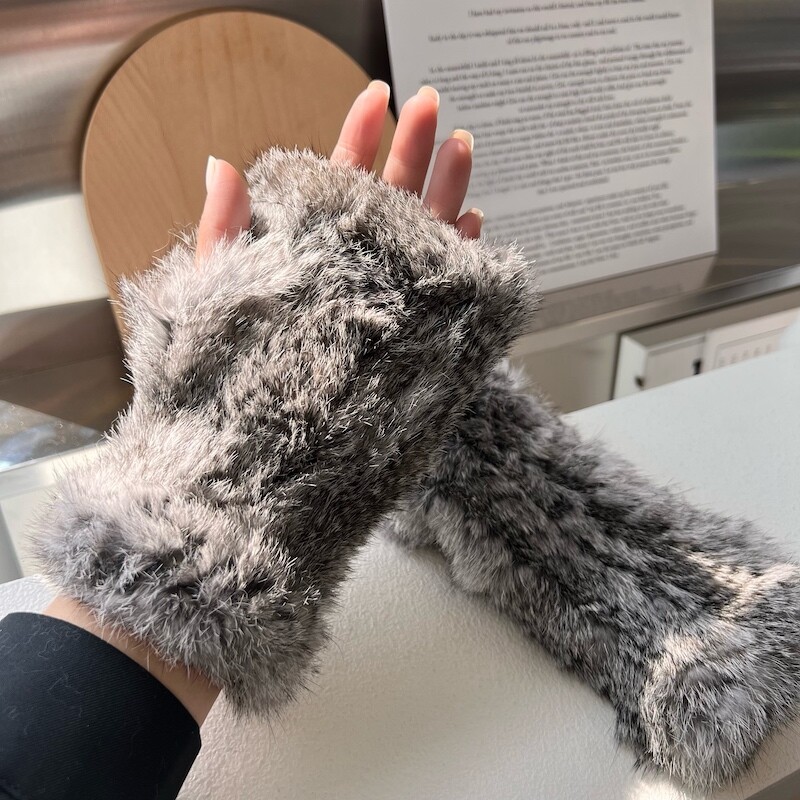 Women's Warm Real Rabbit Rex Fur Gloves Knitted Stretch Fingerless ...