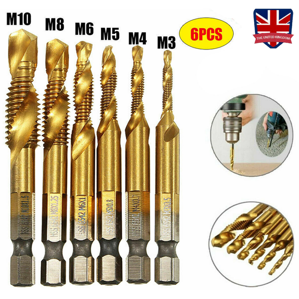 6x M3-M10 Drill Spiral Tap Bits HSS 1/4'' Hex Shank Metric Thread ...