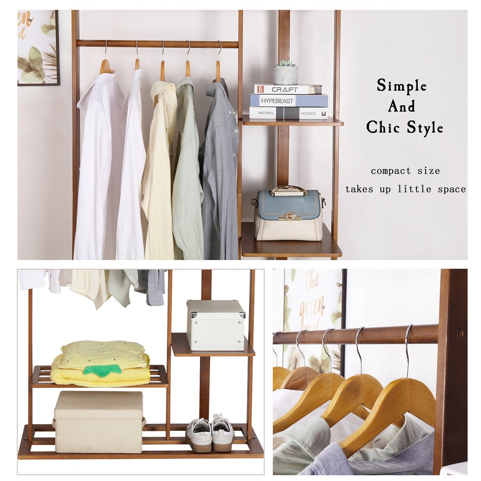 40'' Bamboo Clothing Garment Rack Brown Clothes Coat Hanger Shoe Rack ...