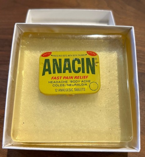 Vintage ANACIN Aspirin Tin Lucite Paper weight - Holds 12 Tablets ...