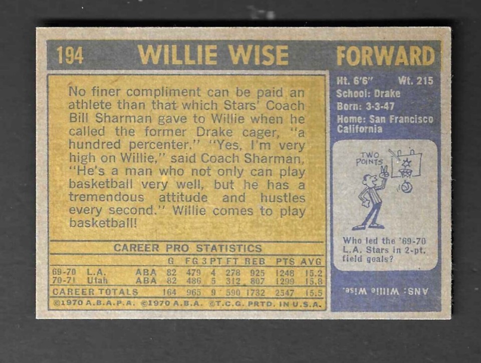 1971-72 Topps Basketball Card #194 WILLIE WISE Utah Stars Rookie Card NR MINT | eBay