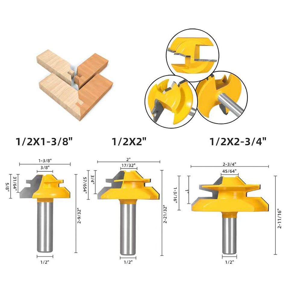 45 Degree Lock Miter Router Bit 3-Piece Set, for 31/64", 3/4"，1 ...