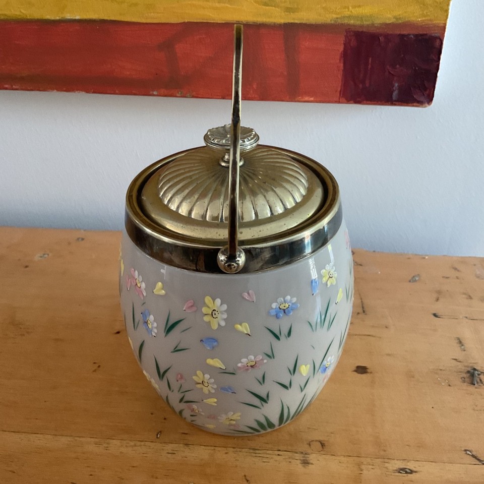 Antique Glass Hand Painted Enamel Biscuit Barrel Jar, Silver Plated ...
