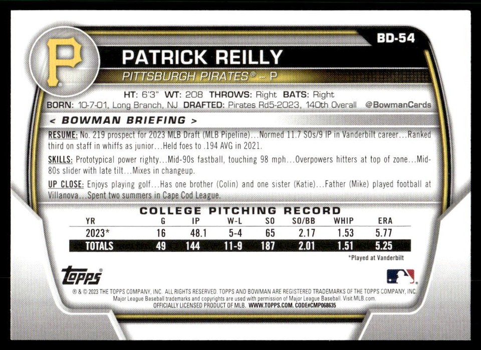 Patrick Reilly 2023 Bowman Draft BD-54 Pittsburgh Pirates Baseball Card ...
