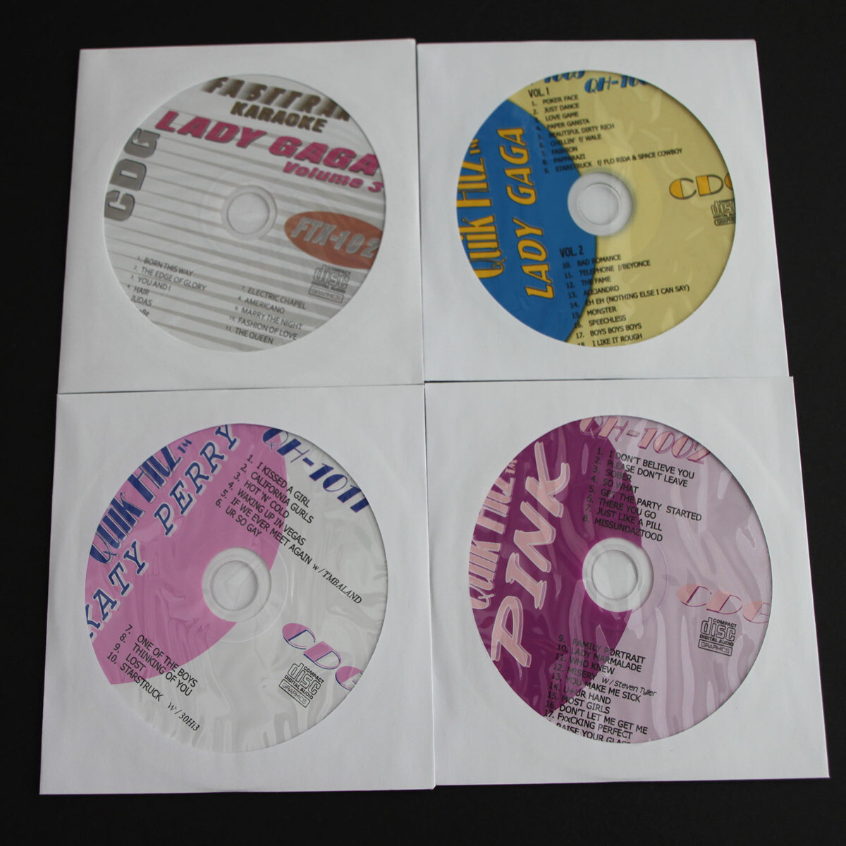 KARAOKE CD+G 4 Disc QUIK HITS LADY GAGA,KATY PERRY,PINK, NEW IN SLEEVES ...