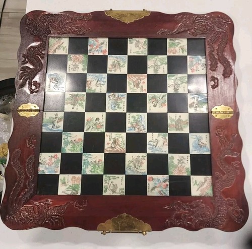 Vintage Asian Chinese Chess Board Set Hand Carved Tiles Chest Folding ...