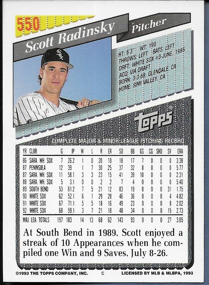 1993 Topps #550 Scott Radinsky Chicago White Sox | eBay