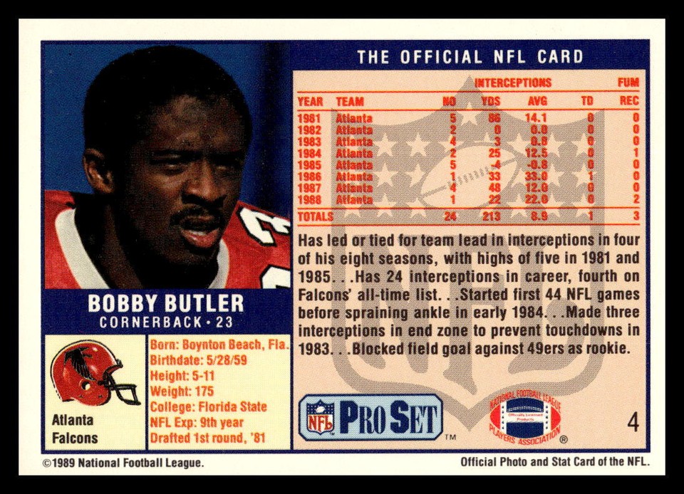 1989 Pro Set 4 Bobby Butler Atlanta Falcons Football Card | eBay