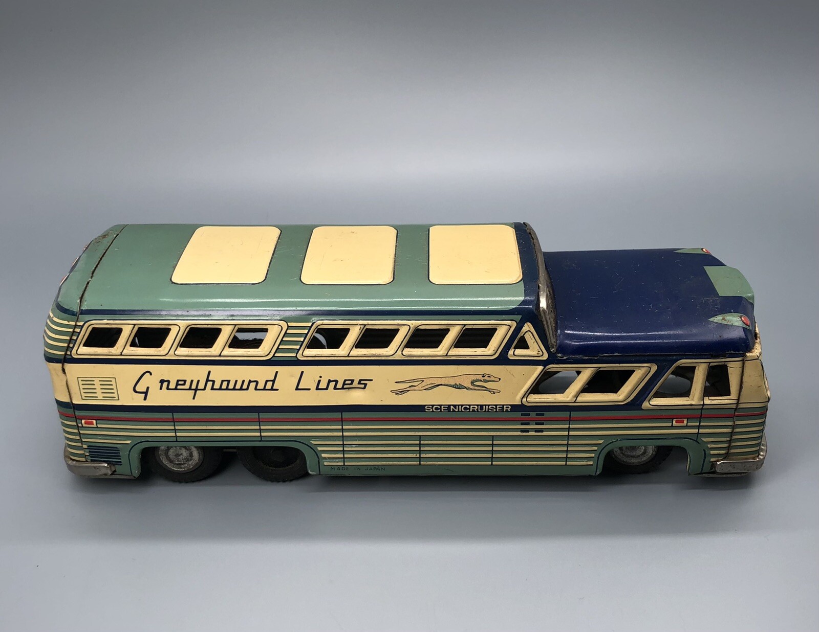Vtg 1950s Tin Toy Friction Bus / 9" Greyhound Lines Scenicruiser ...