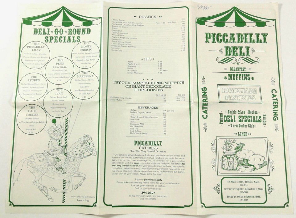 1985 Vintage Breakfast Lunch Wine Menu PICCADILLY DELI Hyannis Yarmouth ...