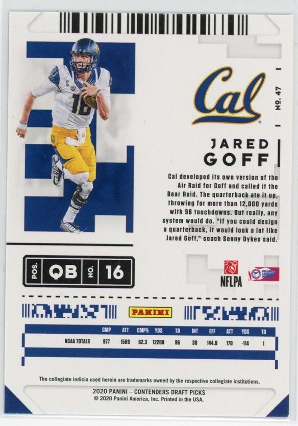 2020 Panini Contenders Draft Picks Jared Goff Draft Ticket Blue Foil ...