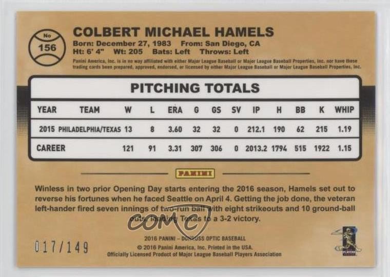 2016 Panini Donruss Optic Blue /149 Cole Hamels #156 g2u | eBay