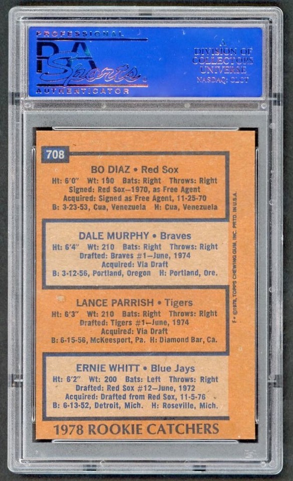 1978 Topps Baseball Dale Murphy #708 PSA 8 NM-MT Atlanta Braves Lance ...