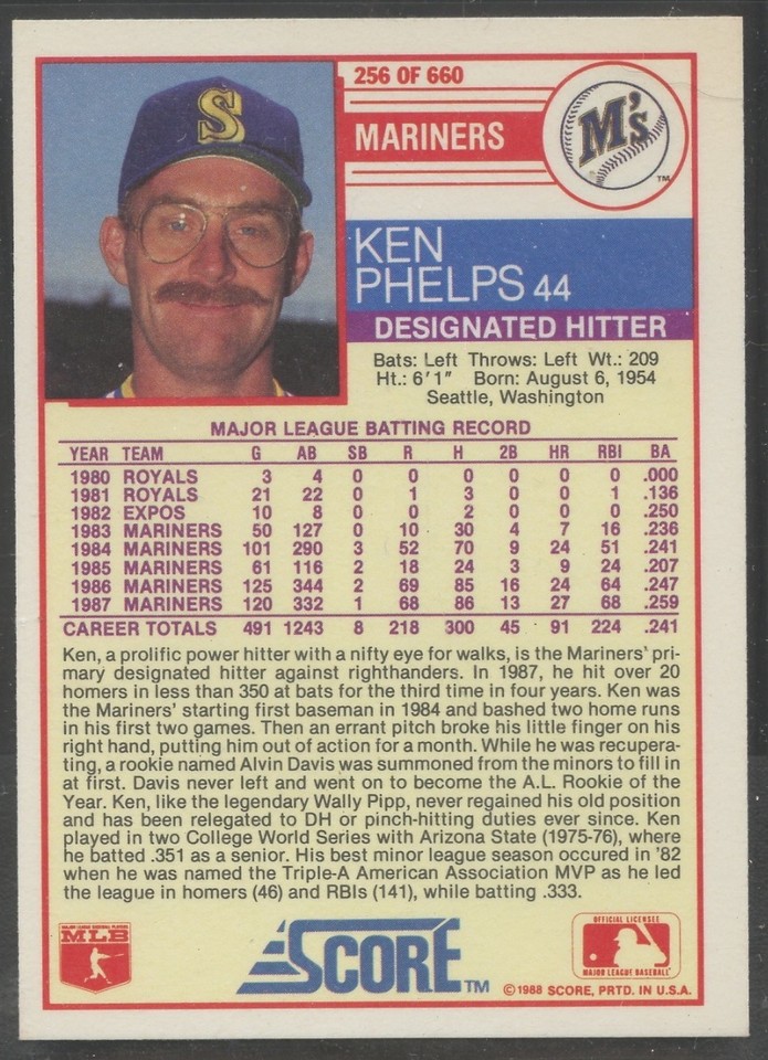 1988 Score #256 Ken Phelps Seattle Mariners | eBay