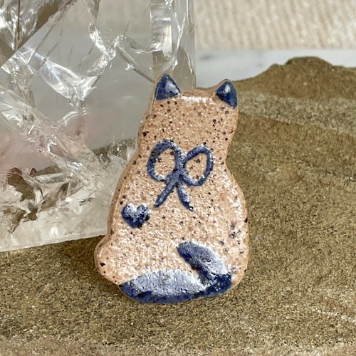 Vtg 80s Handmade CERAMIC CAT BROOCH Speckled Stoneware Pottery Kitten ...