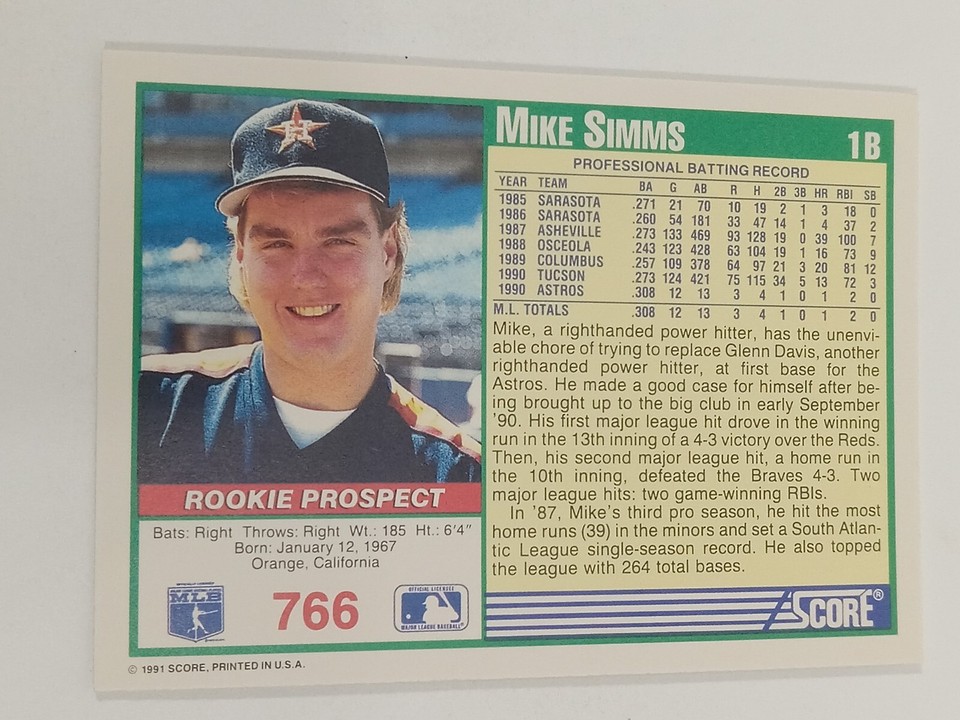 1991 Score Baseball Rookie Prospect #766 Mike Simms Houston Astros | eBay
