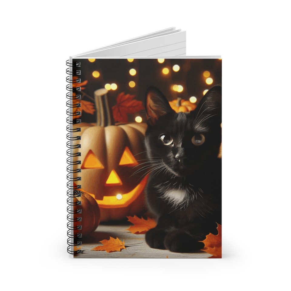 Spiral Notebook Ruled Line Black Cat with Pumpkin Halloween Design 4 ...