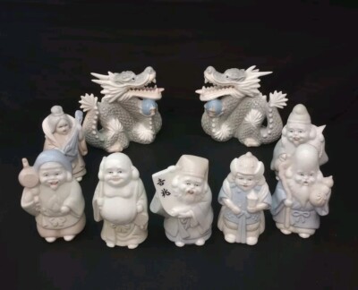Pair of Yashimi K Porcelain Light Blue Dragon & 7 Lucky Gods Figurines ...
